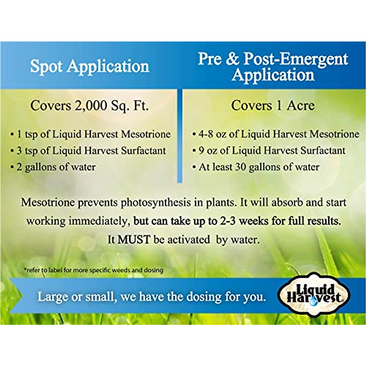 Liquid Harvest Mesotrione - 8oz - Mesotrione Concentrate (Compare to Tenacity) - Pre and Post-Emergent Weed Killer for Lawn and Turf Grasses