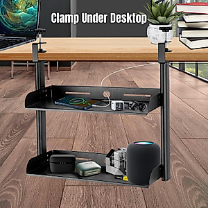 CanKing Clamp On Desk Shelf Black Clip Above or Under Table Shelves Light-Weight 2 Tier 6" D x 16" W x 16" H
