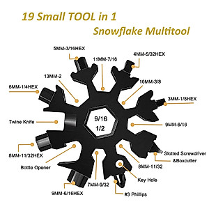 Snowflake Multi tool, 19 in 1 Portable Stainless Steel Snowflake Tool for Outdoor Travel Camping, with Key Ring and Carabiner Clip,Gift for Men Dad (Black)