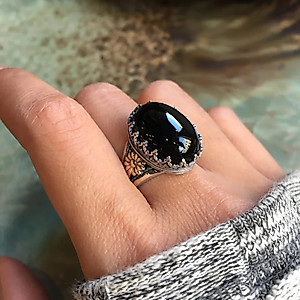 Fashion Elegant Black Stone Jewelry Relief Sculpture Ring Jewelry Engaged Ring for Women Plus Size Rings for Women Size 10 (Black, 13)
