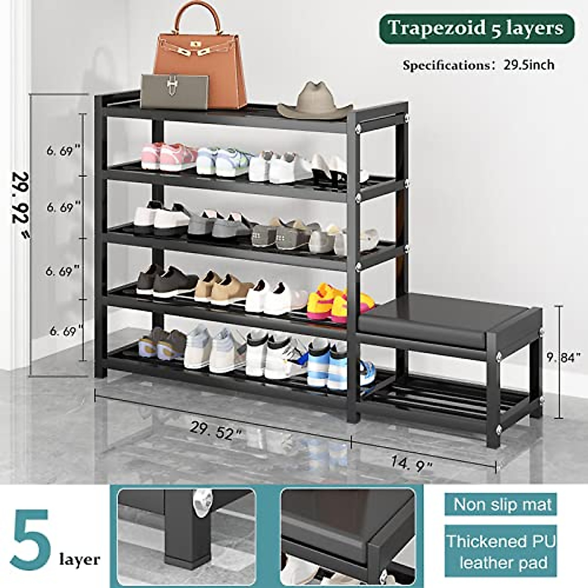 Metal Shoe Rack,Shoe Rack for Entryway, 5-Tier Shoe Rack Organizer,Free Standing Shoe Racks with Shoe Changing Stool, Black Shoe Shelf Organizer for Entryway Garage Bedroom …