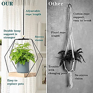 Kitypartsy Plant Hanger with Wood Base - Hanging Plant Holder, Hanging Planter/Pot for Indoor Plants Boho Macrame for Wall/Window/Room Decor, Black - Hexagon (Planter/Plants Not Included)