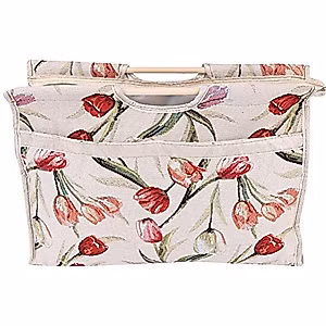 Wood Handles Knitting Bag Travel Yarn Organizer Crochet Bag for Knitting Needles Sewing Tools 16.5x11.8x4.3in(Red Flower)