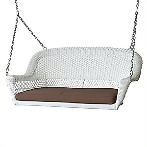 Jeco White Wicker Porch Swing with Brown Cushion