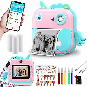 Instant Print Camera for Kids,Inkless Sticker Printer for Girls Boys Age 3-12, 20MP HD Digital Video Cameras, Mini Thermal Printer Kid Toy with 3 Rolls Photo Paper, 5 Color Pens, 32GB Card-Pink