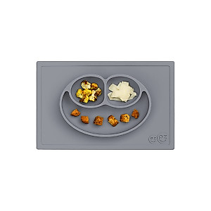 ezpz Happy Mat - 24 Months+ (Gray) - 100% Silicone Suction Plate with Built-in Placemat for Toddlers + Preschoolers - Divided Toddler Plates - Toddler Essentials