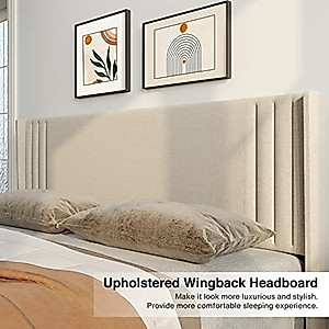 Gizoon Queen Bed Frame with Wingback Headboard, Upholstered Platform Bed with Modern Geometric Headboard, Wooden Slats, Noise-Free, No Box Spring Needed