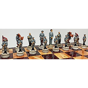 US American Civil War Generals Chess Set W/ 17" High Gloss Cherry & Burlwood Color Storage Board