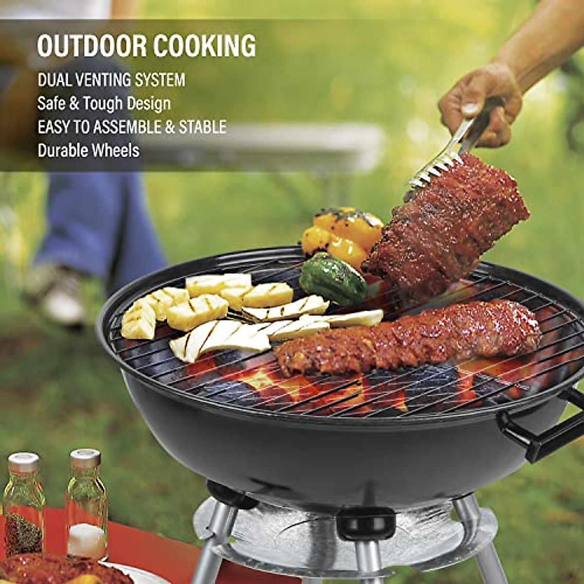 Ainfox Portable Charcoal Grill for Outdoor 18.5 inch BBQ Grill, Kettle Charcoal Grill with Plated Chrome Grates, for Outdoor Cooking, Patio, Backyard, Outdoor Cooking, Picnic