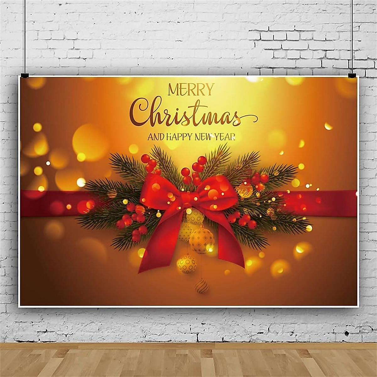 Yeele 5x3ft Christmas Backdrop for Party Happy New Year Red Bow Pine Cones Gold Lighting Lantern Balls Vinyl Background Kids Xmas Party Decorations Banner Photo Booth Props
