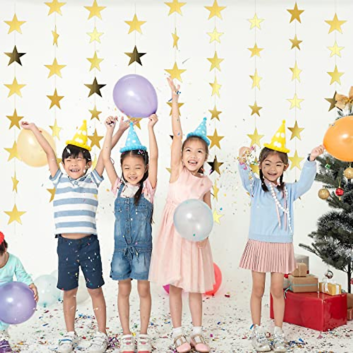 65 Feet Glitter Star Paper Garland Banner Hanging Decoration Gold Star Garland Double Side 2022 Graduation Decorations for Wedding Birthday Festival Party Decoration