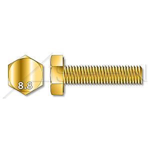(50 pcs) M12-1.75 X 25mm, DIN 933 / ISO 4017, Metric, Hex Head Cap Screws Bolts, Full Thread, Class 8.8 Steel, Yellow Zinc