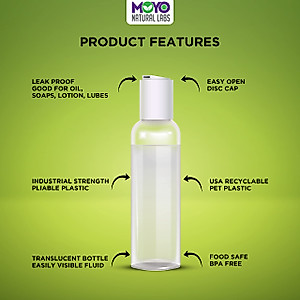 MoYo Natural Labs 4 oz Travel Bottles, Empty Travel Containers with Disc Caps, BPA Free HDPE Plastic Squeezable Toiletry/Cosmetic Bottle (Neck 20-410) (Pack of 12, HDPE Translucent White)