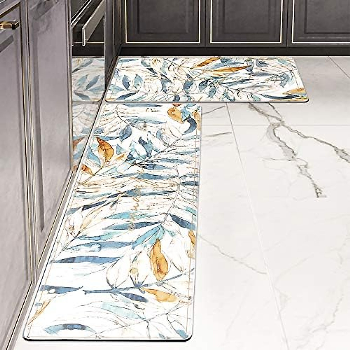 Kitchen Rug Set, LEEVAN Kitchen Floor Mats 2 Piece PVC Leather Anti Fatigue Comfort Heavy Duty Waterproof Oil Proof Non-Skid Rubber Back Washable Doormat Bathroom Area Rug(17" X 29"+17" X 59", Leaves)