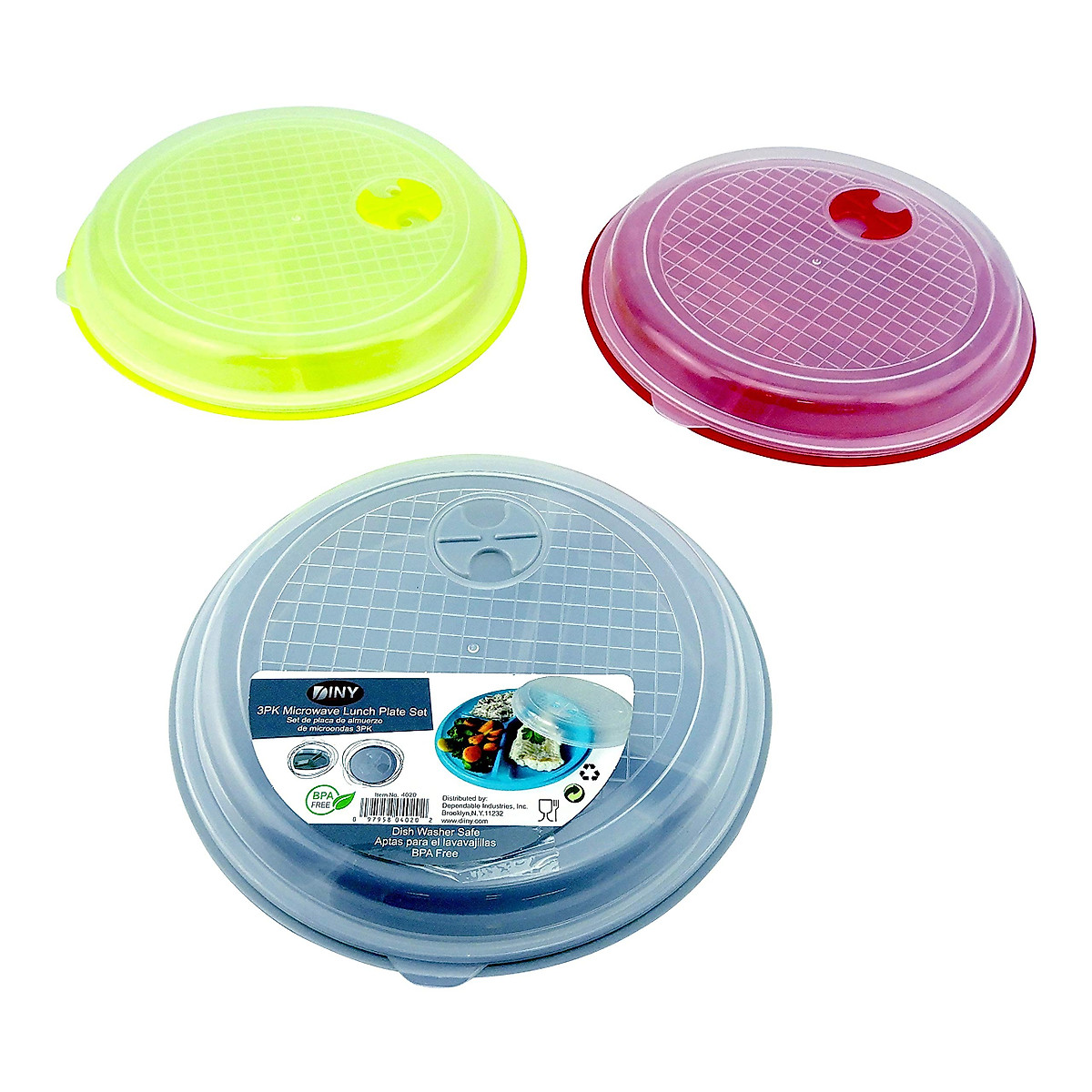 3 Pack Divided Microwave Lunch Plate Set with Lids Vented Food Storage Food Grade Plastic
