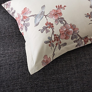 Eikei Garden Chinoiserie Floral Duvet Quilt Cover Asian Porcelain Style Tree Blossom and Birds Blue and White Watercolor Pattern 300tc Cotton Percale Bedding Set (Twin, Cream Red)