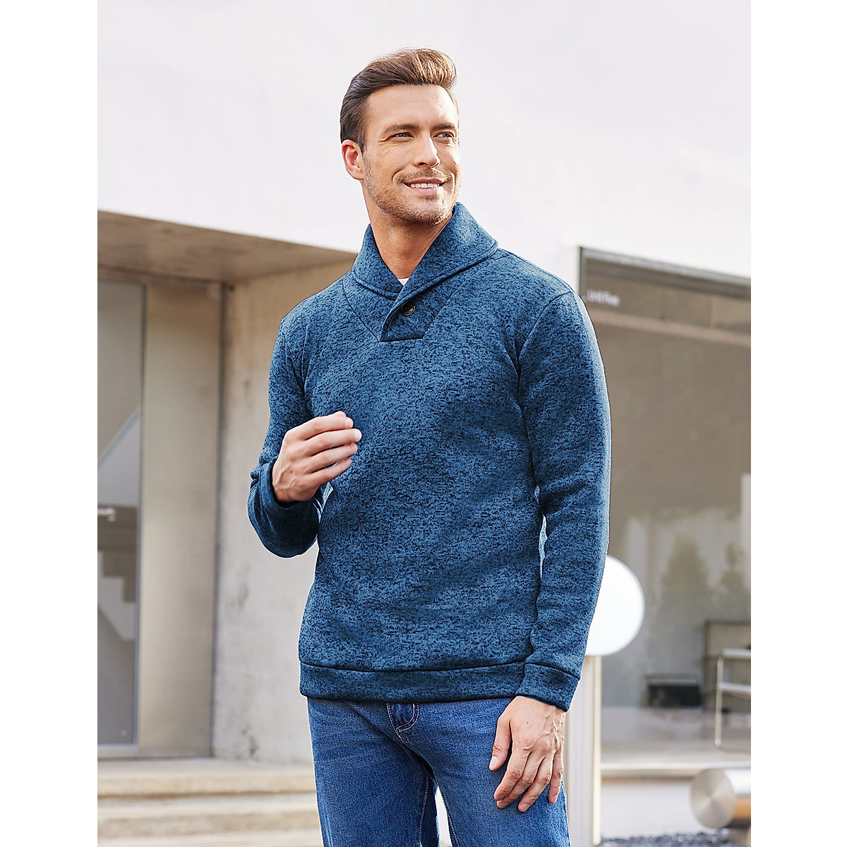 COOFANDY Men Dress Sweater with Collar Fashion Light Fleece Sweatshirt Fall Winter Sky Blue