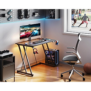 MOTPK Small Gaming Desk with LED Lights & Power Outlet, Computer Desk 31.5inch for Small Space, Cheap Gaming Table with Carbon Fiber Texture, Kids Desk Gift for Boys Men, Black