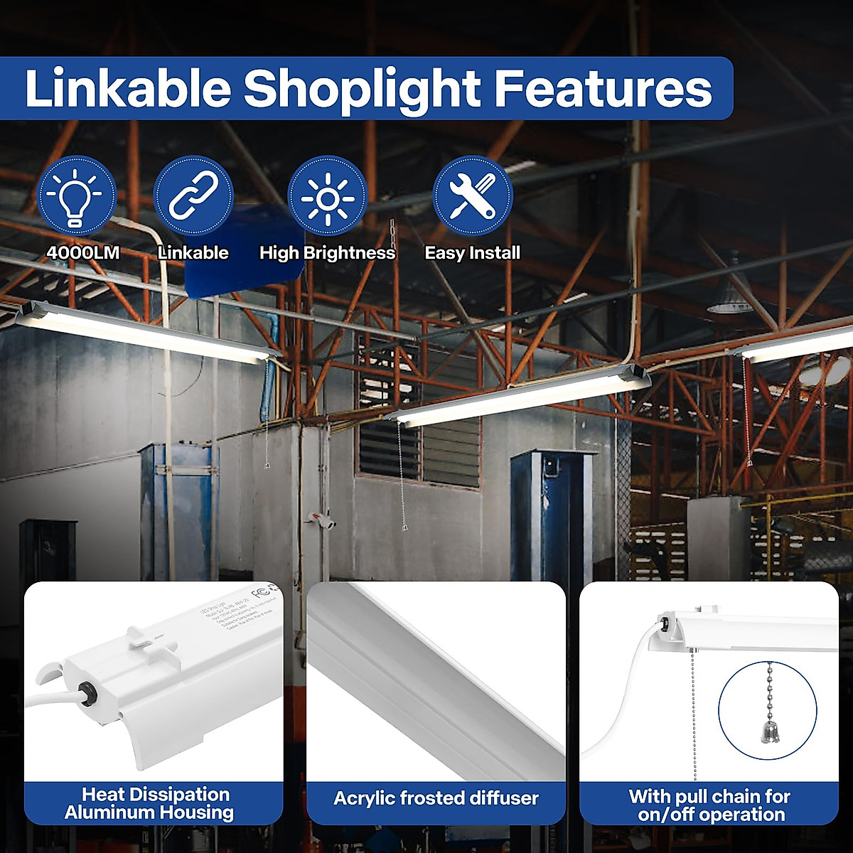 ENATECLITE Linkable 4Foot Hanging Mount Work Lights, LED Garage Lights, Plug-in High Visibility Workshop Led Lights, Hanging Garage Ceiling Lights 4000K Daylight, 4500LM, Pull Chain for Basement