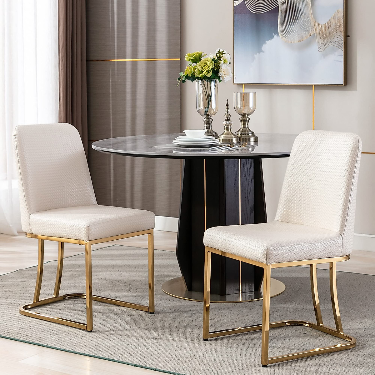 Wahson Set of 2 Faux Leather Upholstered with Woven Detail Dining Room Chairs, Classic Modern Fabric Chair for Dining Room, with Golden Metal Frame, Beige