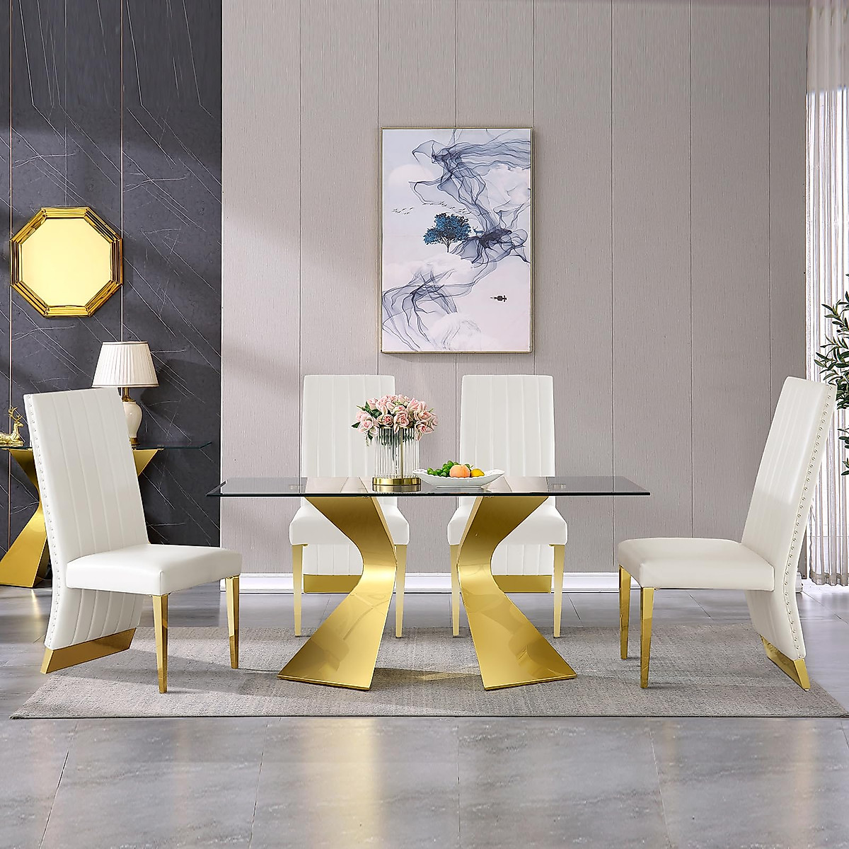 AUZ Gold Dining Table Set for 4, Modern Glass Dining Room Table with 6 White and Gold Dining Chairs, 5 Piece Luxury Dining Set for Kitchen and Dining Room