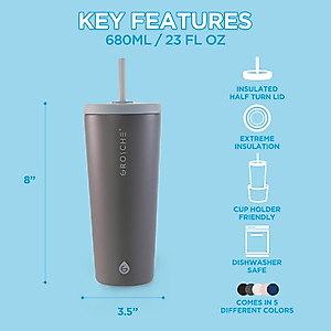 GROSCHE Jasper 23oz Tumbler with straw. Extreme Insulation, Classy Design, Built to Last, Insulated Stainless Steel Tumbler with Lid and Straw - Grey