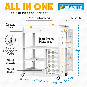 Rolling Cricut Craft Storage, Mobile Cricut Vinyl Organization Storage with 23 Vinyl Roll Holder, Craft Table Stand with Wheels, Crafting Cabinet Workstation with Large Drawers for Room Home Office