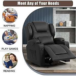 VUYUYU Manual Recliner Chair, Faux Leather 360 Degree Swivel Rocker Recliner Chairs for Living Room, Home Theater Single Sofa Seat with Drink Holders/Lumbar Pillow/Side Pockets (Black Set of 2)