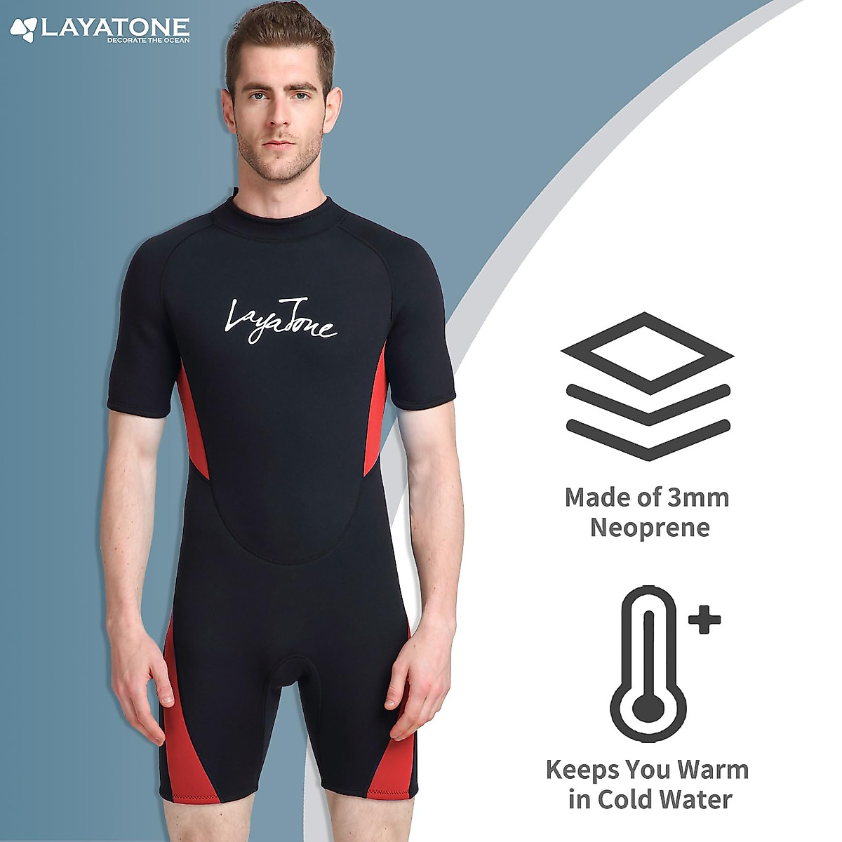 LayaTone Mens Shorty Wetsuit 3mm Neoprene Diving Suit with Back Zipper, Adults Shorty Wetsuits for Swimming Diving Snorkeling Kayaking
