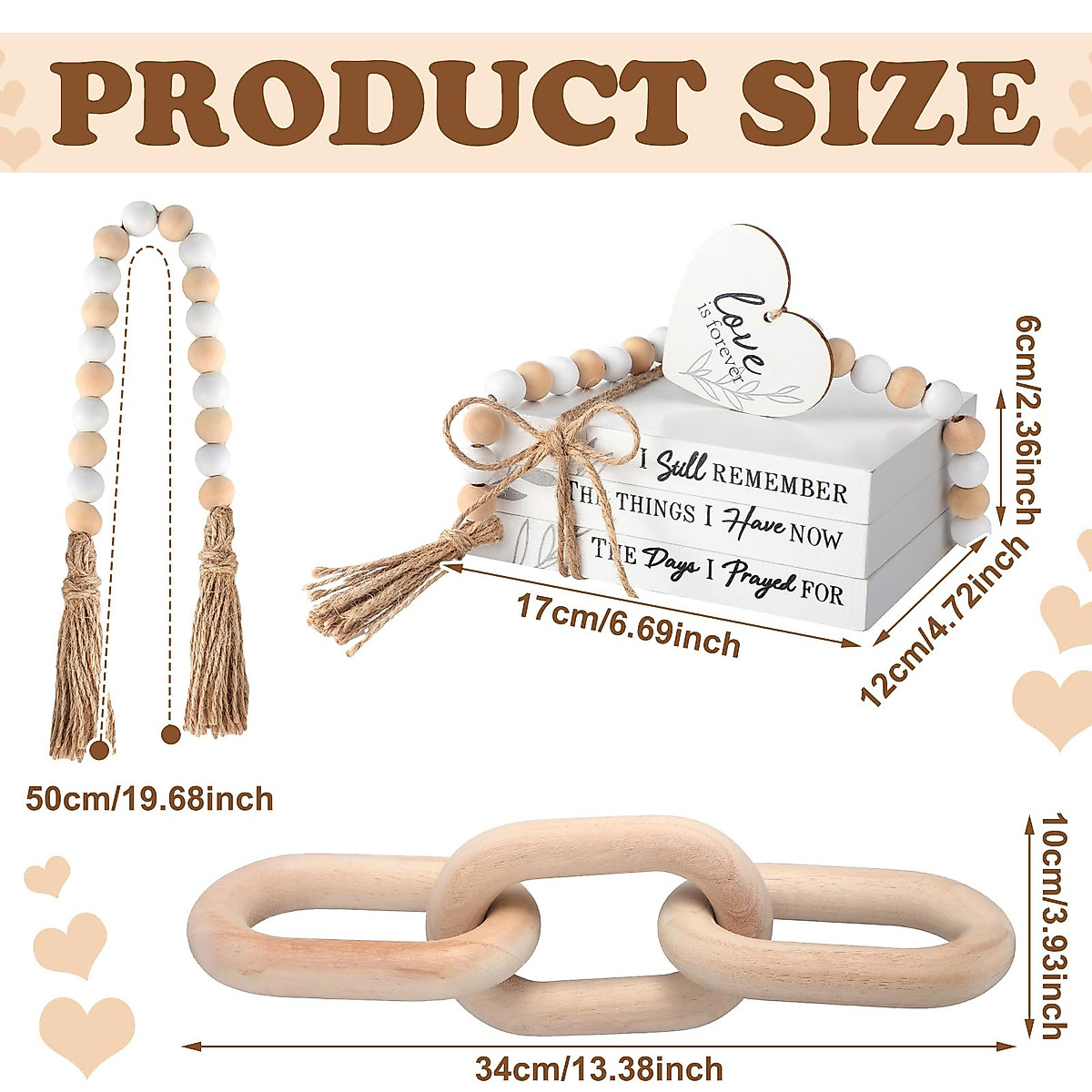 Thyle Boho Decorative Books for Home Decor Include Farmhouse Decorative Books Wood Bead Garland with Tassel Chain Link Rustic Faux Books Stack Heart Sign for Living Room Bookshelf Coffee Table