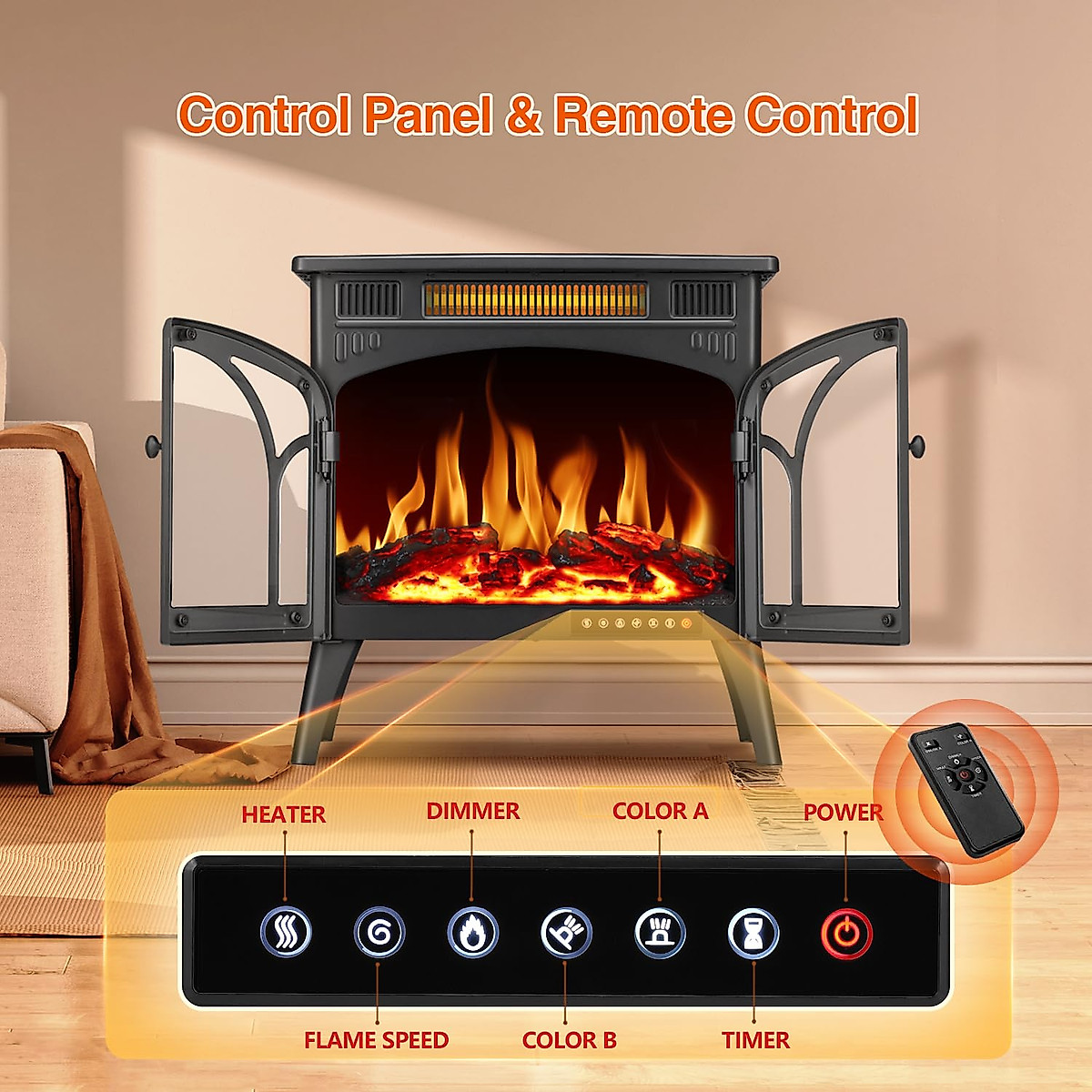 Havato Electric Fireplace 25" with Remote Control, Adjustable Realistic Flame, 2 Heating Modes, Sleep Timer, Overheating Protection. Ideal for Indoor Electric Fireplace Stove, Infrared Heater, Grey