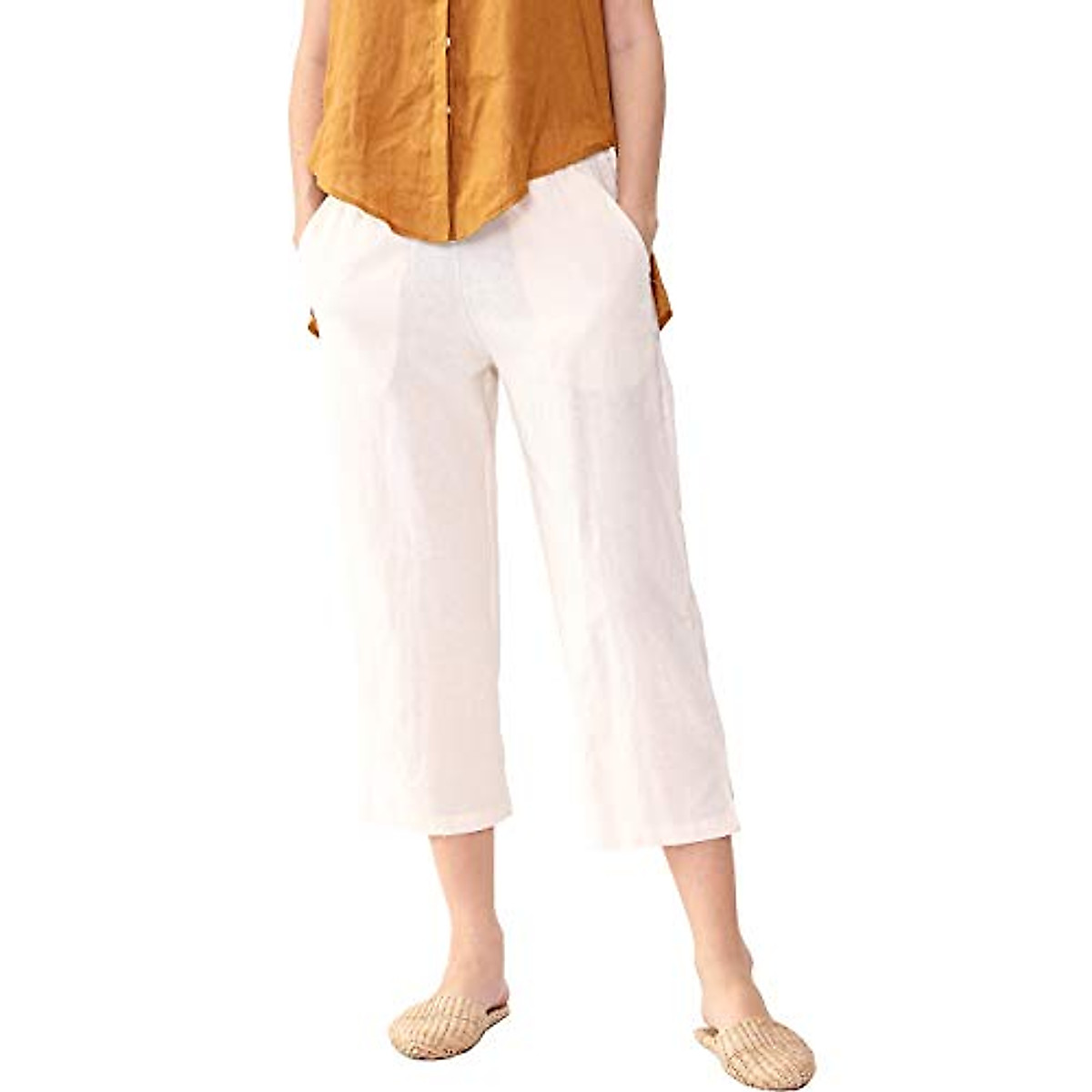 Amazhiyu Womens Linen Capri Pants with Pockets Full Elastic Waistband Casual Pants (Linen, Large)
