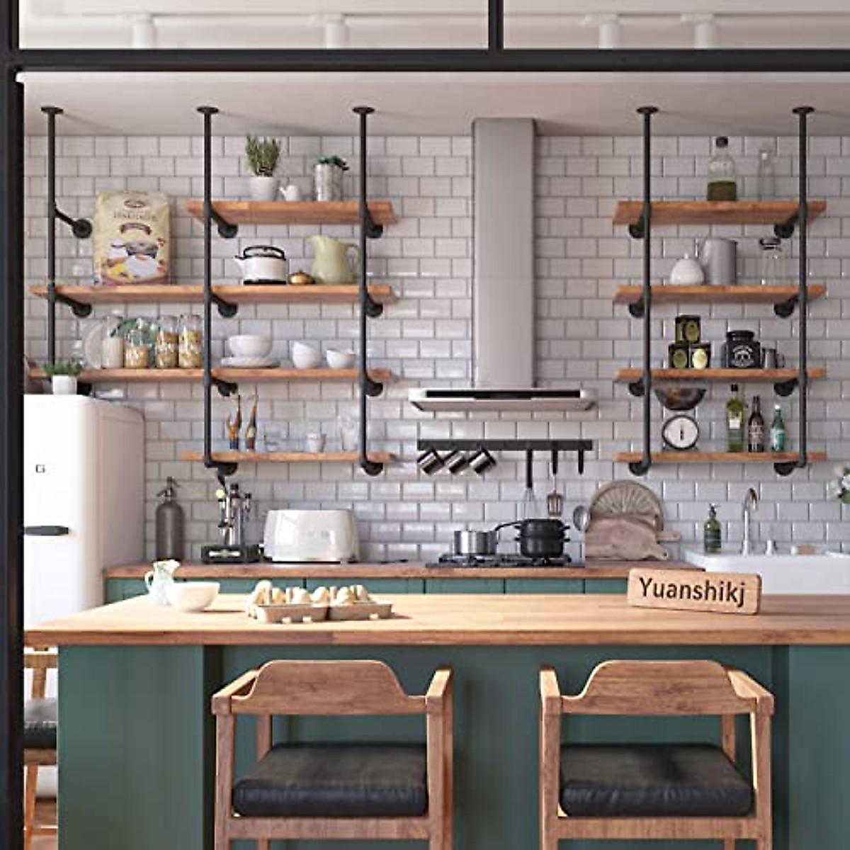 Yuanshikj 2Pc (56" tall 12"deep 3/4") Industrial Wall Mount iron Pipe Shelf Shelves Shelving Bracket Vintage Retro Black Open Bookshelf Bookcase DIY Storage office Kitchen (2 Pcs 4Tier Hardware only )