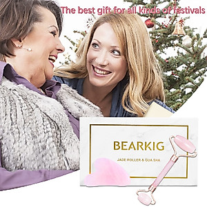 Jade Roller & Gua Sha Set, BearKig Jade Roller for Face, Anti-Aging Rose Quartz Face Roller for Skin Care, Beauty Facial Roller Massager Tools for Face, Eye, Neck, Reduce Wrinkle & Dark Circle