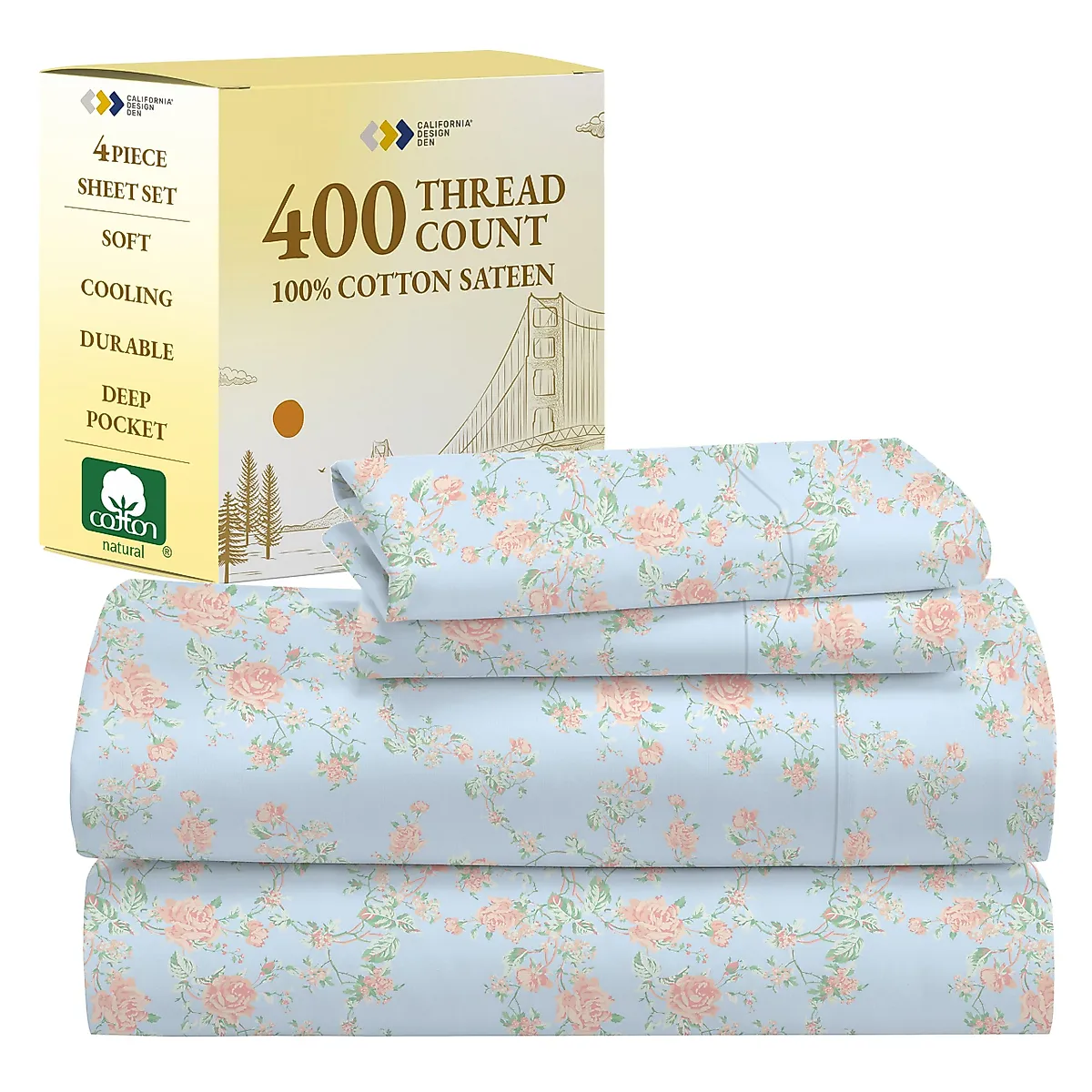 California Design Den Full Size Bed Sheets Set - 400 Thread Count Sateen, Natural 100% Cotton Sheets for Full Size Bed, Deep Pocket Cooling and Durable Bedding Set - Antique Rose