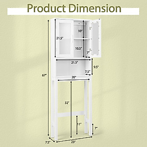 Tangkula Over The Toilet Storage Cabinet, Bathroom Space Saver w/Double Tempered Glass Doors, Open Shelf & Adjustable Shelf, Bathroom Organizer Cabinet, 67" Tall Above Toilet Rack for Laundry (White)