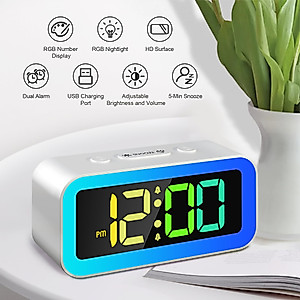 Colorful Nightlight LED Digital Alarm Clock with Super Loud Dual alarm, Weekday mode, Snooze, Dimmer, USB Charging Port for Livingroom, Bedroom, Bedside, Heavy Sleeper, Adult, Kid, Teens, gift, Silver