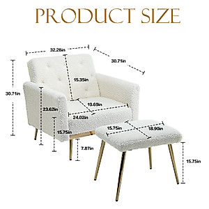 KINFFICT Velvet Accent Sofa Chair with Ottoman, Upholstered Comfy Lounge Armchair with Adjustable Armrests and Backrest, Living Room Single Recliner with Tufted Button Back, Cream White Teddy