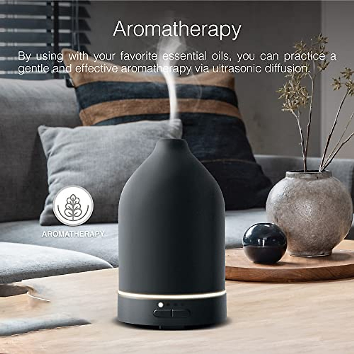 Brookstone Essential Oil Ceramic Diffuser, Ripple Ultrasonic Aromatherapy and Relaxation 60ml Oils Diffuser, Cool Air Mist Humidifier, Relaxing Fragrant Environment, for Any Room in Home or Office