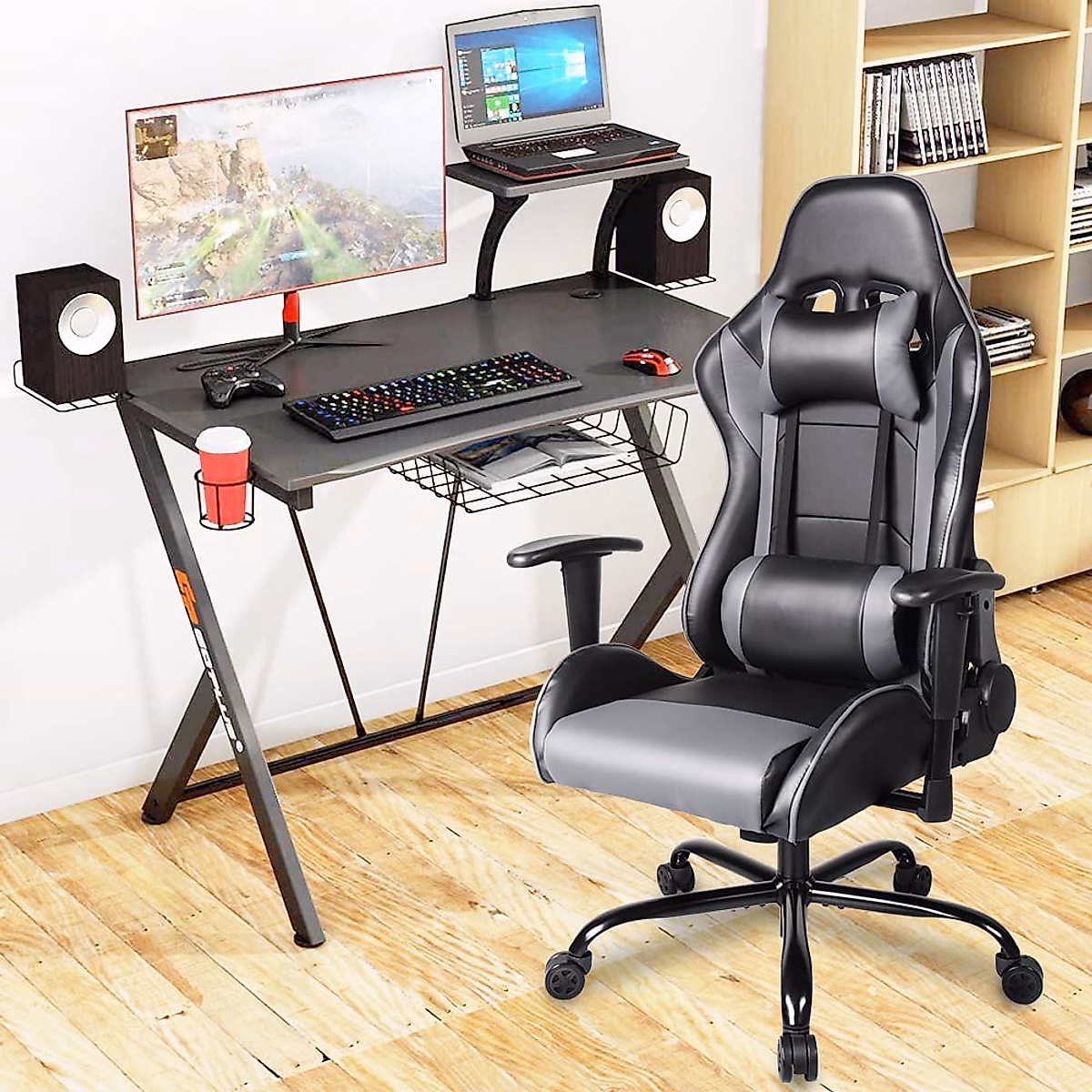 Office Chair, Ergonomic Reclining Computer Gaming Chair PU Leather Comfortable Swivel Task Home Office Desk Chair High Back with Adjustable Armrests, Black/Grey