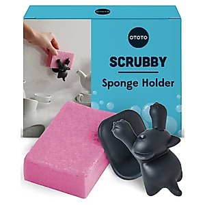 OTOTO Scrubby Sponge Holder for Kitchen Sink - Gray Cat Kitchen Sponge Holder - Dishwasher Safe Dish Sponge Organizer- Rust-Free - 3.9x3.1x3.9 inches