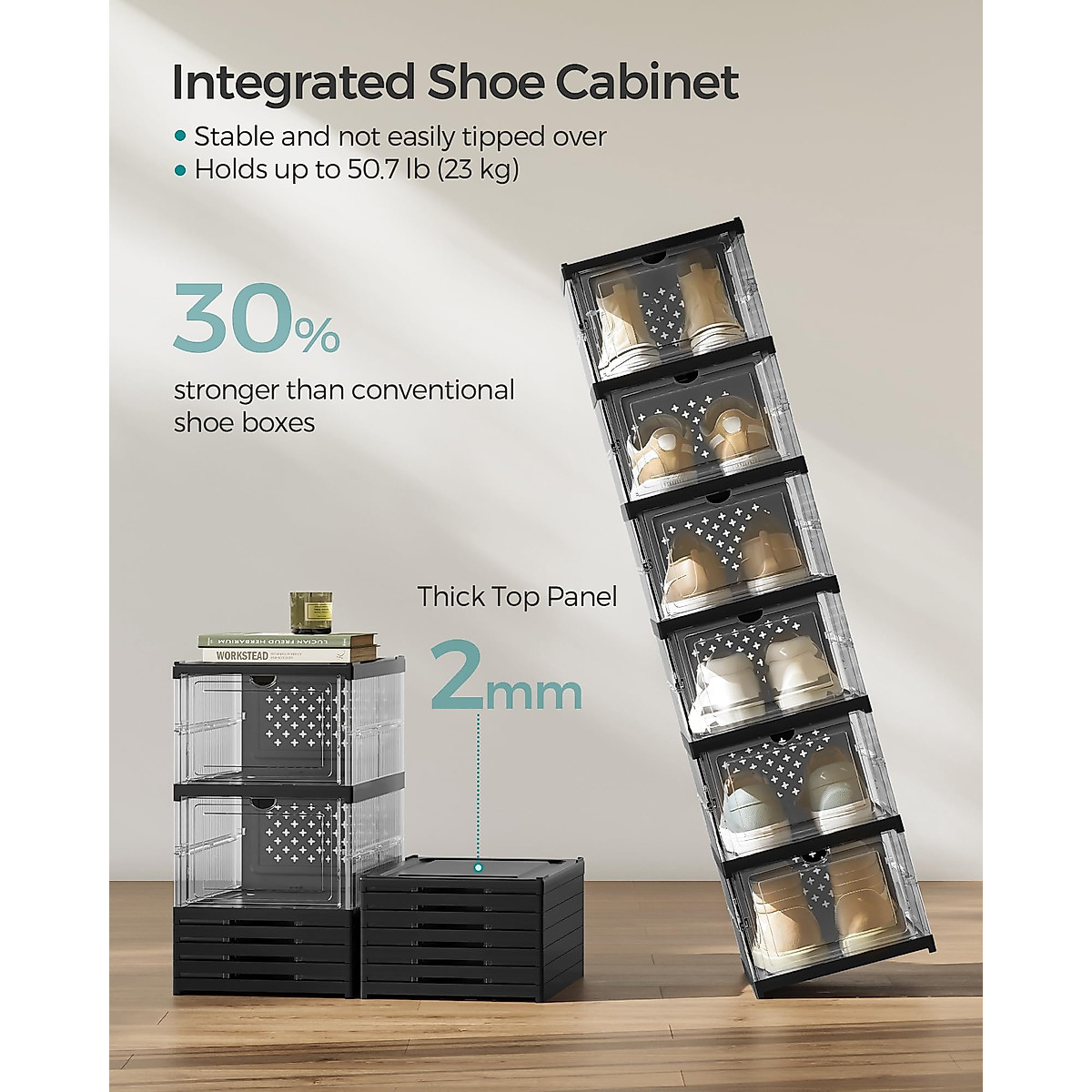 SONGMICS Foldable Shoe Boxes, Pack of 18 Stackable Shoe Storage Organizer, Set of 3 Integraed Shoe Cabinets, Portable, Fit up to US Size 13, 60s Assembly, Transparent and Ink Black ULSP207B01