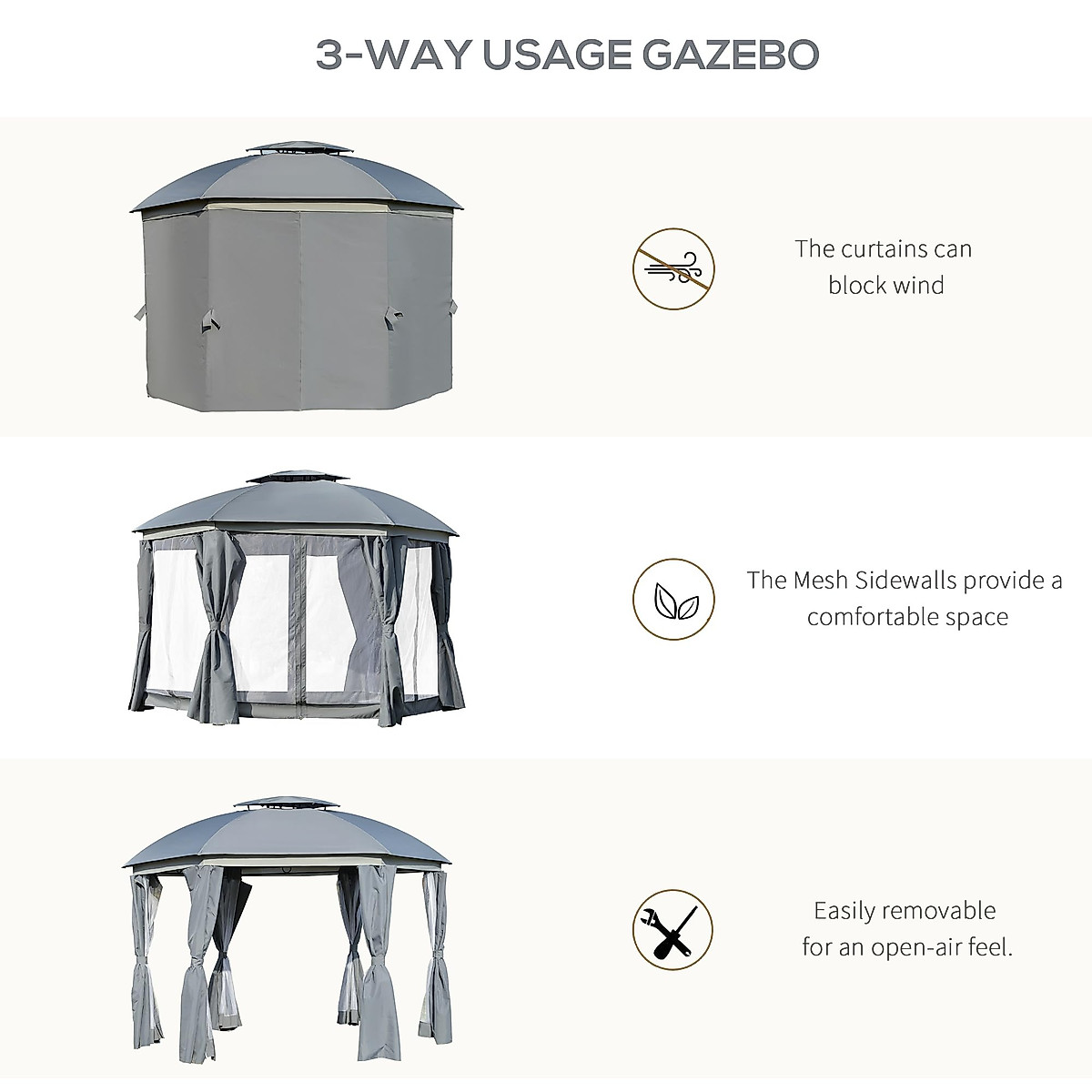 Outsunny 12' x 12' Round Outdoor Gazebo, Patio Dome Gazebo Canopy Shelter with Double Roof, Netting Sidewalls and Curtains, Zippered Doors, Strong Steel Frame, Grey
