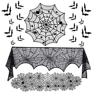 Orgrimmar 35 PCS Halloween Decorations Set Include Lace Spider Web Table Runner, Round Lace Table Cover, Fireplace Scarf Cover and 32 Pieces 3D Bats Wall Sticker Decal
