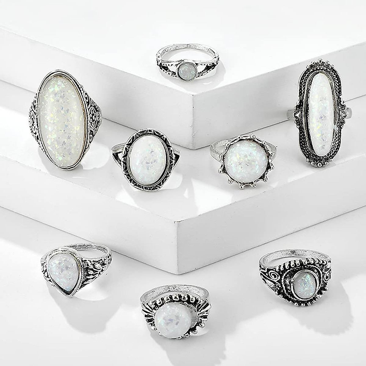 Octwine 8Pcs Silver Bohemian Statement Knuckle Rings Oval White Geometry Crystal Rhinestones Rings Stackable Rings Stacking Ring Jewelry for Women