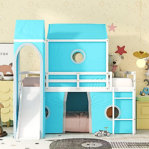 Bellemave Low Loft Bed with Slide and Curtains Twin Over Twin Floor Bunk Bed with House Shape Tent and Tower, Wood Castle Style Loft Beds for Kids Boys Girls, Blue
