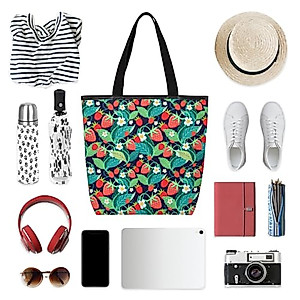 Mularoka Strawberries Bright Red Canvas Aesthetic Tote Bag for Women Book Bag Berries Shopping Bags Shoulder Bag Reusable Grocery Bags