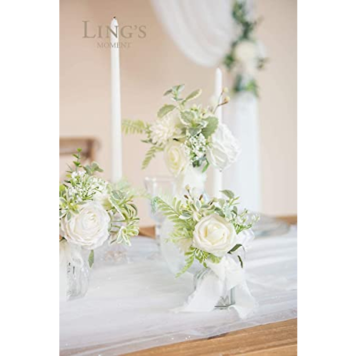 Ling's Moment Artificial Flowers Ivory Foam Fake Roses with Stems 25pcs for DIY Wedding Bridal Shower Centerpieces Tables Decorations Party