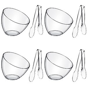 8 Pcs Acrylic Bowls Angled Plastic Bowls with Tongs Clear Salad Serving Bowls Thick Acrylic Serving Bowls for Parties Snack Candy Bowls Buffet Containers for Pasta, Chips, Fruit, Prep