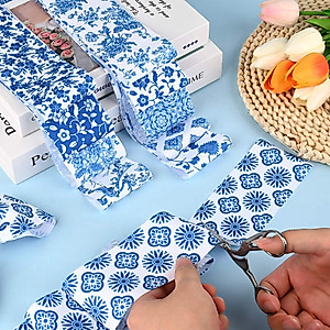 Bolsome 50Pcs Chinoiserie Jelly Polyester Fabric Roll White Blue Floral Quilting Strips Assorted Patterns Patchwork Craft Sewing Supplies for Quilters and Sewing Crafts, 39.37 × 2.55 Inch